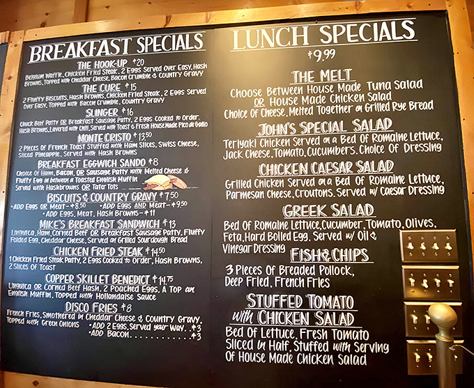 The chalkboard menu reads like a love letter to American breakfast classics. Each item promises a delicious journey without the passport requirement.