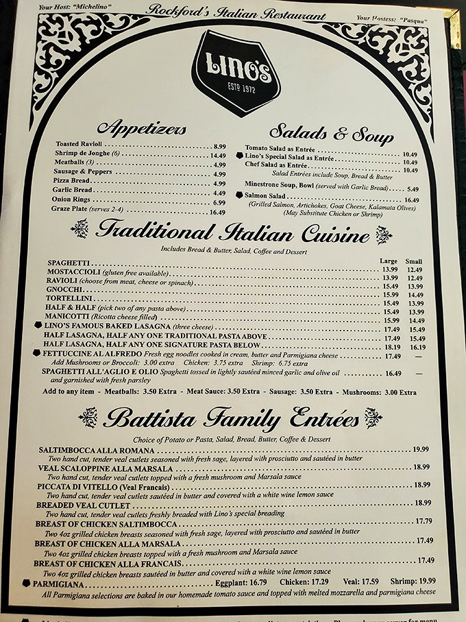 The menu reads like a love letter to Italian-American classics. Notice the little black dots marking the house specialties&mdash;they're basically saying "order me or regret it forever."