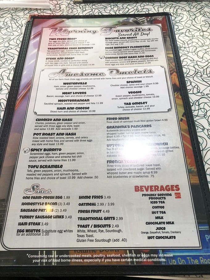 The breakfast menu reads like a love letter to morning indulgence. "Awesome Omelets" isn't just clever marketing—it's truth in advertising.