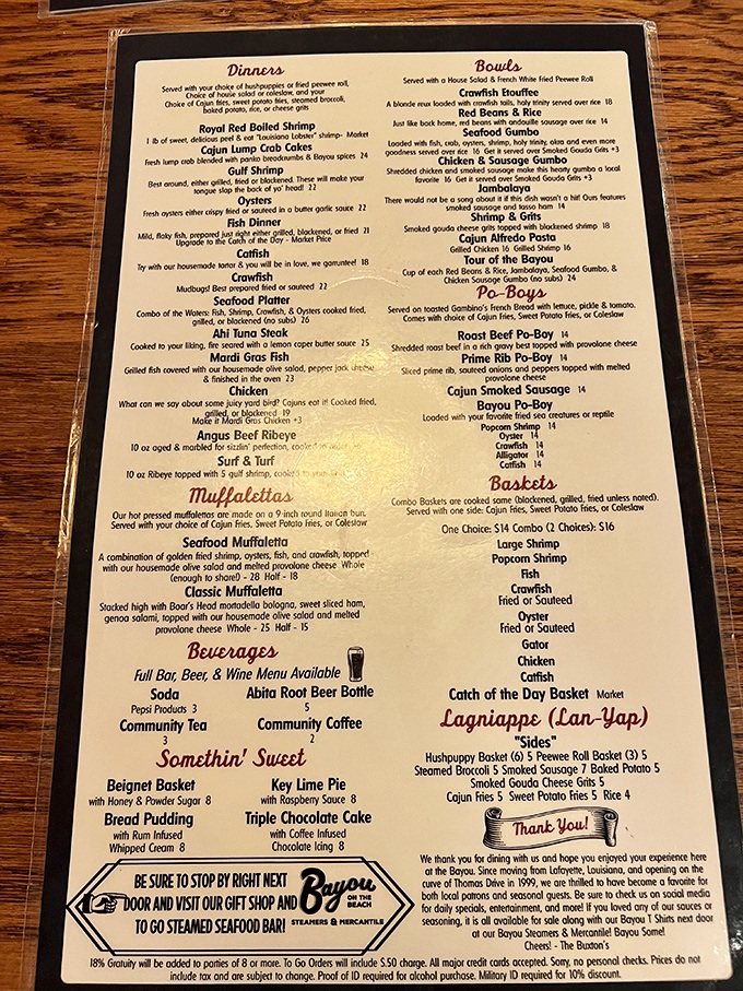This menu reads like a love letter to Louisiana cuisine. I've seen religious texts with fewer devoted followers than their seafood gumbo.
