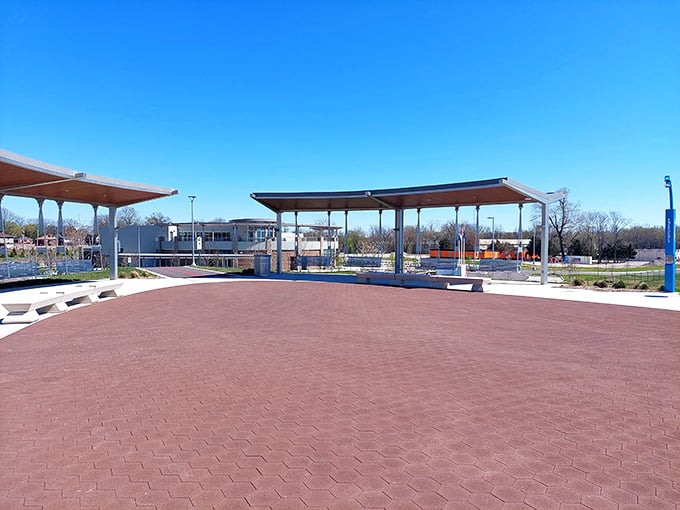 This brick plaza with modern shelters represents Evansville's commitment to creating public spaces where community happens naturally.