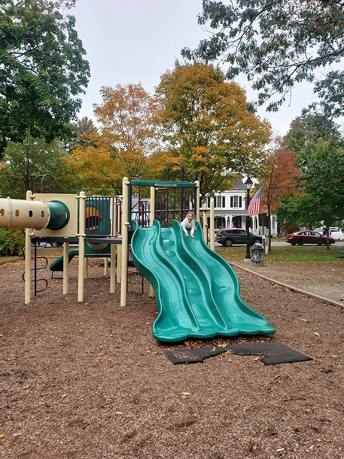 Even the playground in Milford has that storybook quality. Those slides have probably launched generations of giggling children into autumn leaves.