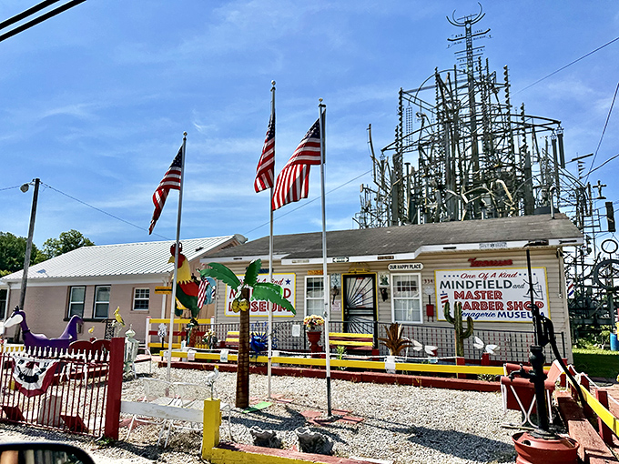 The Mindfield Master Barber Shop stands guard at the base, where haircuts come with a side of artistic wonder.