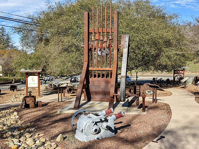 Mining equipment stands sentinel at Miners' Bend Park, reminding visitors that Instagram wasn't the only way to strike gold.