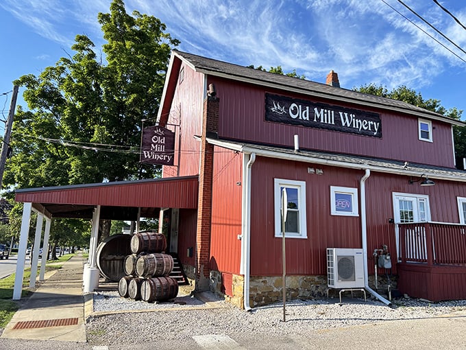 Old Mill Winery's rustic red barn exterior promises what every good retirement needs &ndash; quality wine and zero spreadsheets to manage.