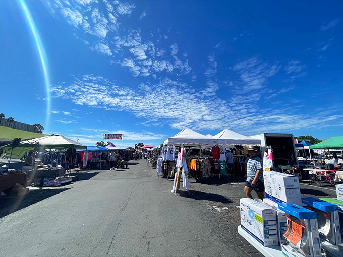 Under impossibly blue California skies, vendors arrange their wares with the precision of museum curators working from the back of minivans. 