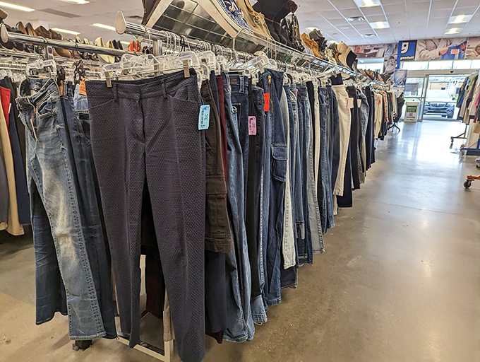 A denim rainbow stretches before you, each pair with its own history and future. Fashion democracy at its finest.