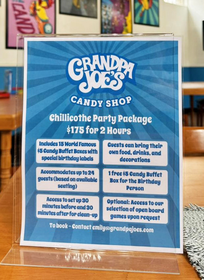 The party package sign reveals the secret to becoming the coolest grandparent in Ohio&mdash;fifteen $5 candy buffet boxes and instant hero status.