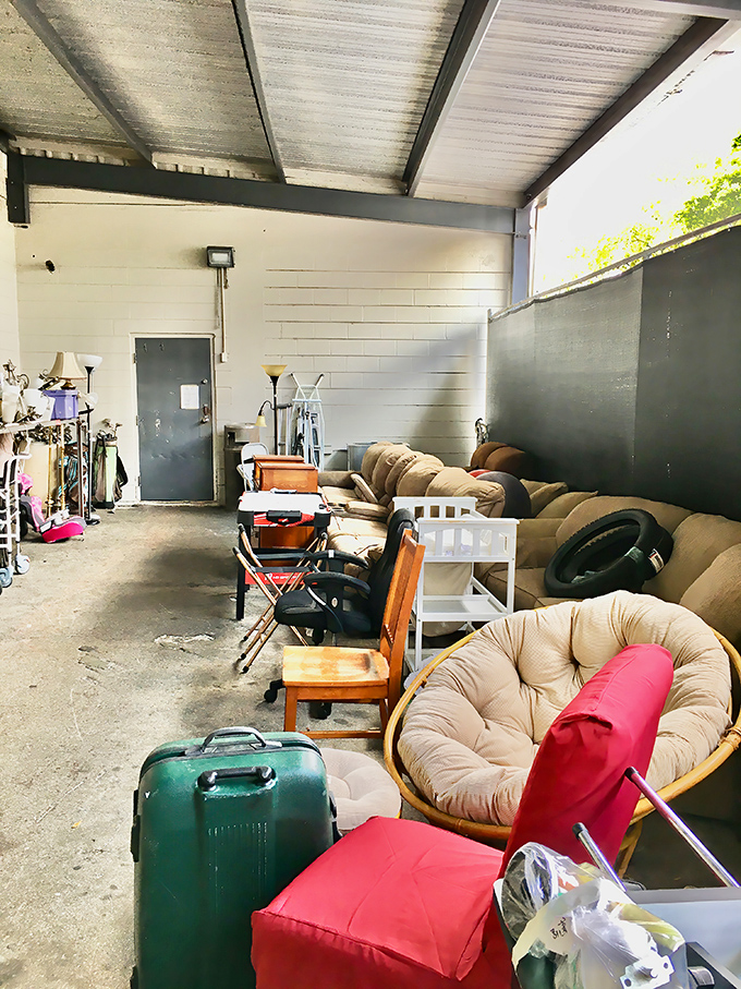 The outdoor furniture section looks like a Florida patio convention where papasan chairs mingle with mysterious vintage finds.