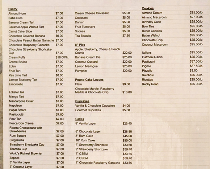 The menu at Isgro's reads like poetry to dessert lovers. From humble butter cookies to towering rum cakes, each item represents generations of sweet perfection.