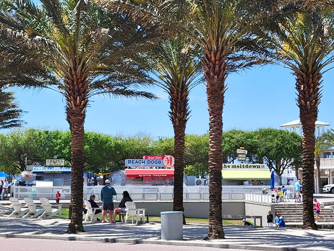 Food truck heaven! Seaside's Airstream row offers culinary delights beneath swaying palms, proving that some of Florida's best meals come from the most photogenic kitchens on wheels.