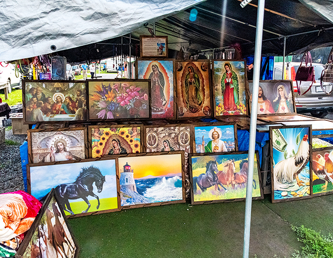 Where religious iconography meets wild horses and lighthouses. This vendor's eclectic art collection offers spiritual guidance and decorative flair in equal measure.