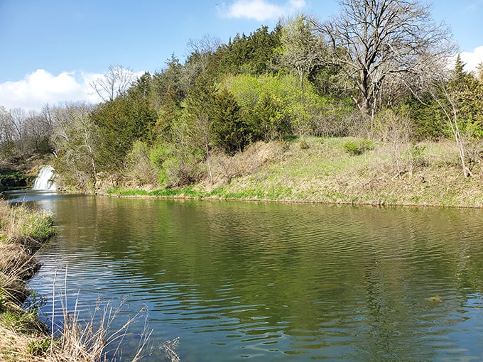 Serenity now! This tranquil pool below the falls offers a moment of reflection, where ripples spread like nature's own meditation circles.