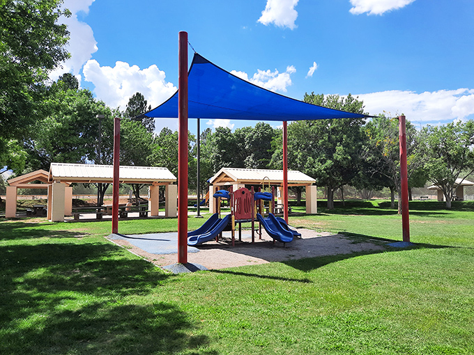 A playground oasis where childhood laughter echoes under Arizona's endless blue sky. The perfect spot for families to create memories between adventures.