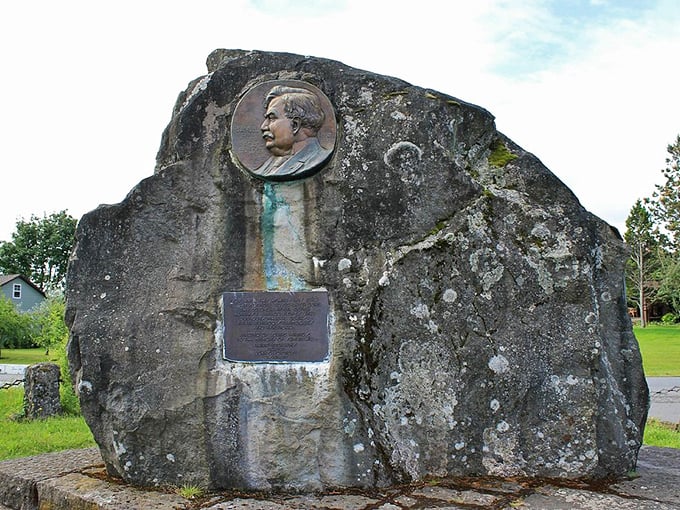 This memorial rock isn't just any boulder&mdash;it's a tribute to Samuel Hill, whose vision gave us this scenic byway. Road builder, dream maker.