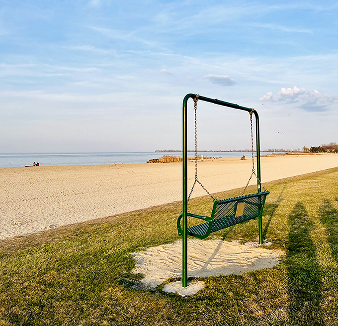 The lakeside swing offers both a seat and a metaphor&mdash;pause, sway, and take in the vastness of Caesar Creek's sandy shoreline.
