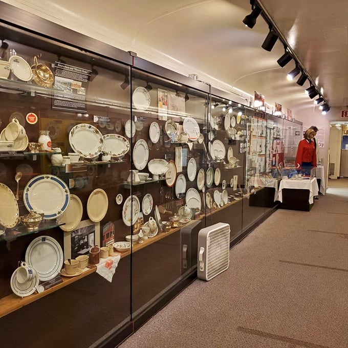 Railroad china that survived more miles than your car ever will, displayed with museum-worthy reverence.