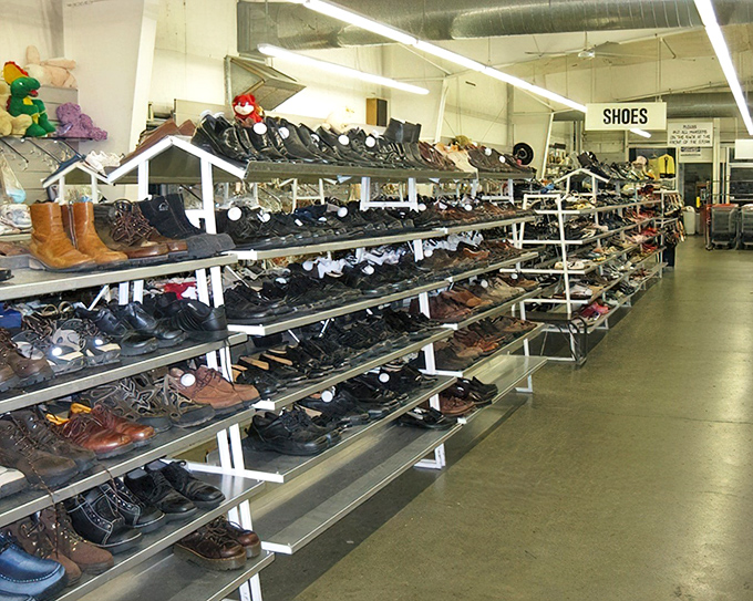 The Cinderella moment awaits in the shoe section, where hundreds of potential glass slippers line up in hopeful formation.