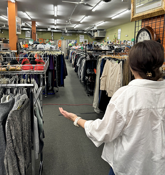 Endless racks of clothing stretch into the distance like a fashion time machine, each aisle a new decade to explore.