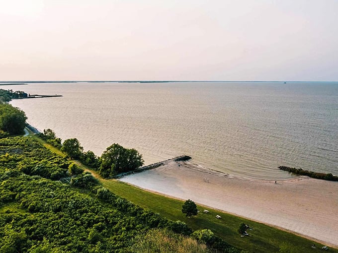 Where land meets water in a peaceful handshake, Erie Beach offers a bird's-eye reminder that Ohio's natural beauty rivals any coastal postcard.