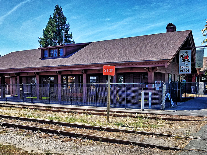 The charming Skunk Train depot stands as a time capsule from a bygone era, when train stations were the heartbeat of small-town America.