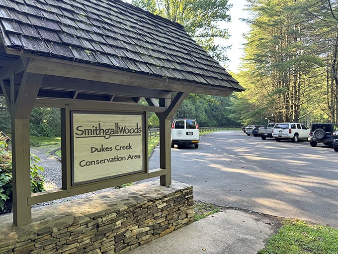 Not all who wander are lost, especially with signage this clear. Dukes Creek Conservation Area welcomes anglers and nature lovers alike.