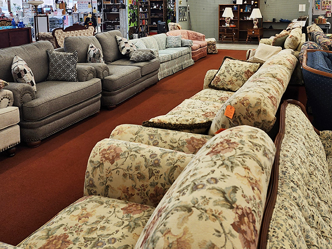 The sofa showroom: where your backside can time-travel through decades of comfort while your wallet stays firmly in the present.