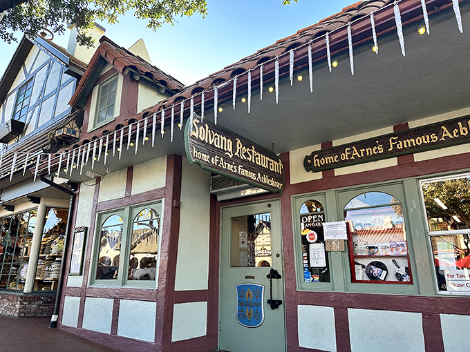 Arne's Famous Aebleskiver aren't just pancake balls &ndash; they're spherical happiness dusted with powdered sugar. The half-timbered facade is just the appetizer to the culinary delight inside.