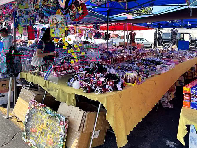 This isn't just a stall, it's a colorful explosion of childhood joy where cartoon characters leap from backpacks and accessories, waiting to brighten someone's day. 