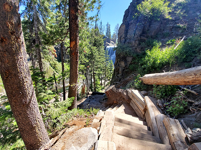 These wooden steps descend into paradise, where waterfalls wait like nature's greatest standing ovation.