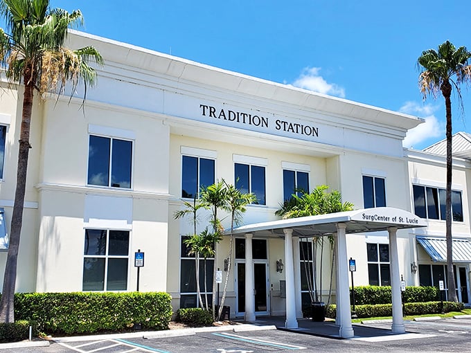Tradition Station stands as a modern medical hub in a community that values both health and aesthetics. The pristine white building represents Port St. Lucie's commitment to quality healthcare access.