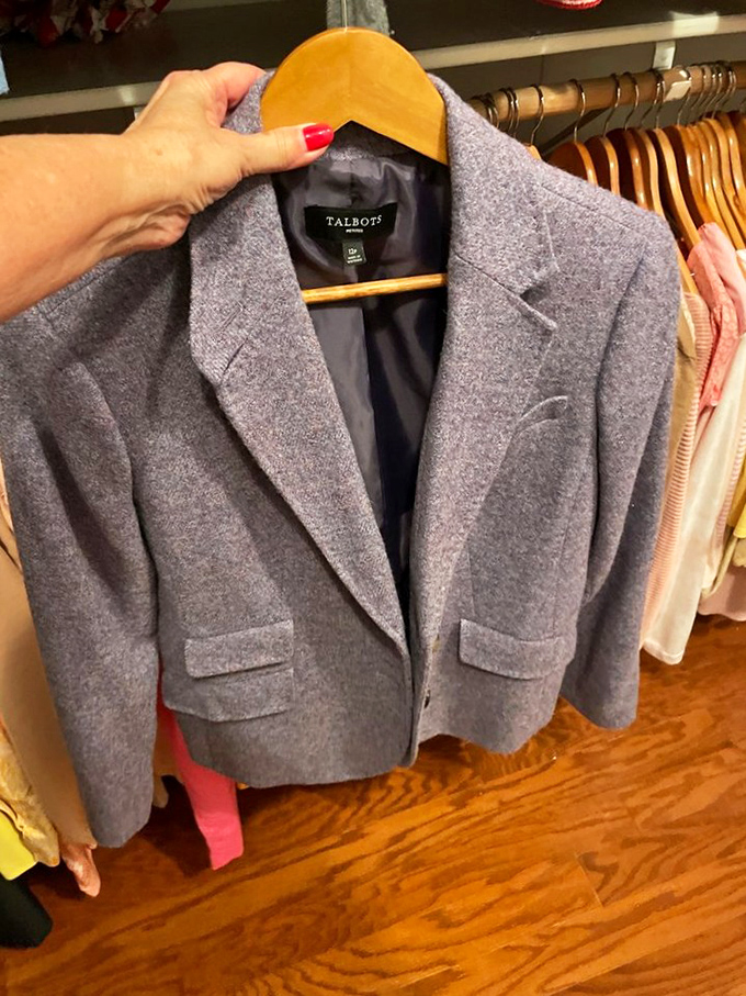 A Talbots blazer waiting for its second act. In the thrift world, this is the equivalent of finding a twenty in your winter coat pocket.