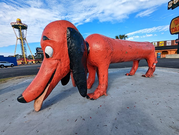This crimson canine guards the parking lot like a four-legged fire hydrant that ate its Wheaties.