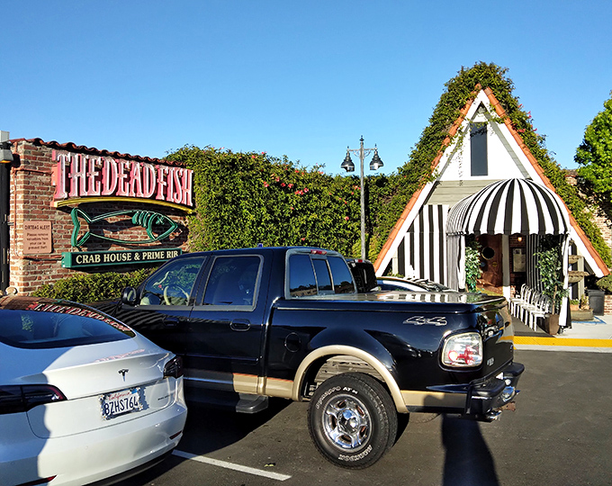 The Dead Fish's distinctive A-frame architecture is as memorable as its seafood. That black and white awning practically screams "fresh crab inside!"
