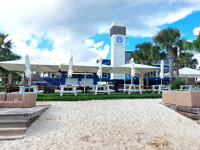 Blue and white never looked so right. The Gulf combines shipping container architecture with beachfront bliss for dining that's anything but boxed in.