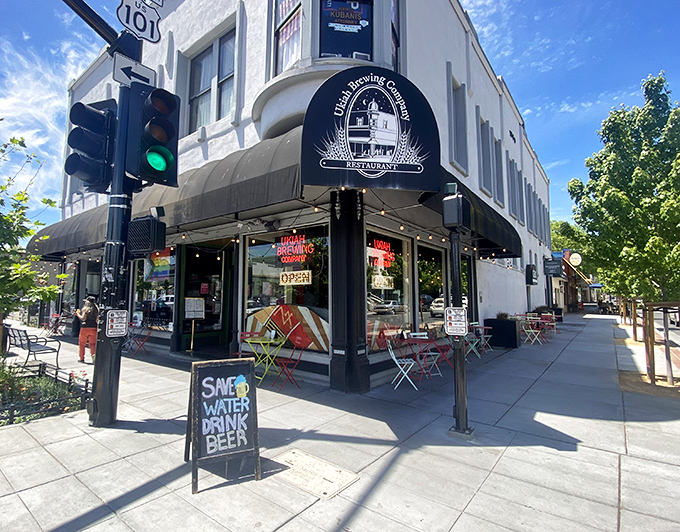 "Save water, drink beer" isn't just clever signage&mdash;it's practically environmental activism at Ukiah Brewing Company, where pints come with mountain views.