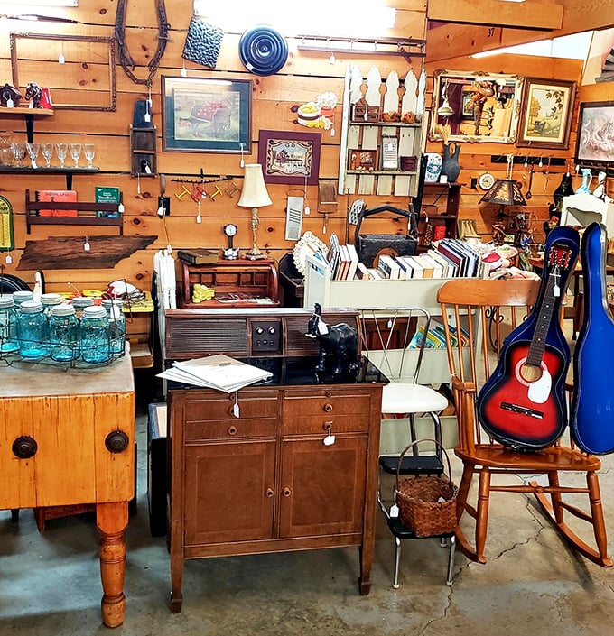 The musical corner strikes a chord with vintage instruments and nostalgic memorabilia. That guitar is just waiting for its next serenade.