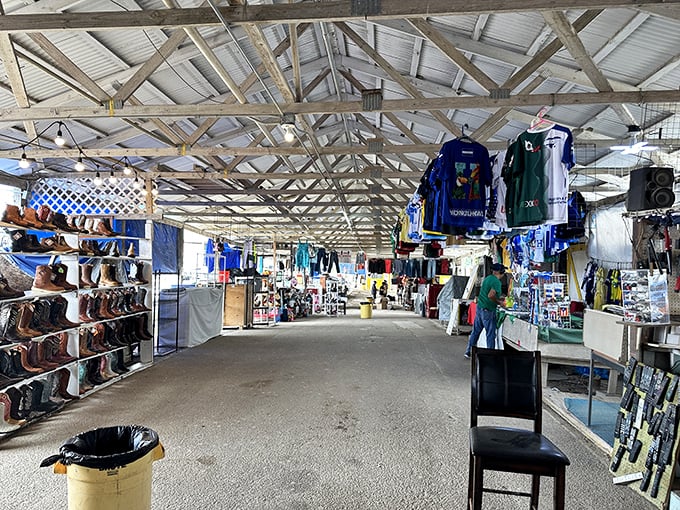 Boot heaven exists, and it's under this metal roof. Rows of western footwear stand at attention, ready for their next two-step adventure.