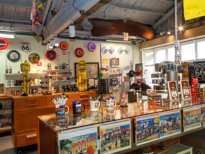 The gift shop isn't just merchandise&mdash;it's a museum unto itself, with vintage postcards and Route 66 memorabilia that'll make you nostalgic for places you've never been.