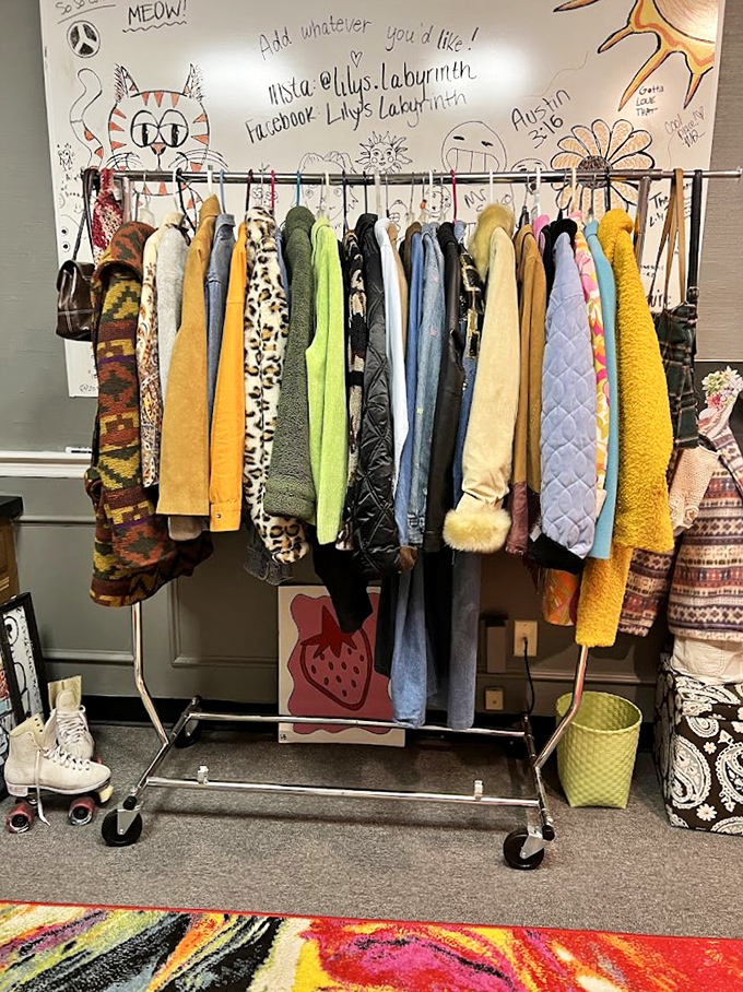 The coat rack that time forgot&mdash;each hanger tells a different decade's story, from disco-ready leopard print to grandma-chic quilting.