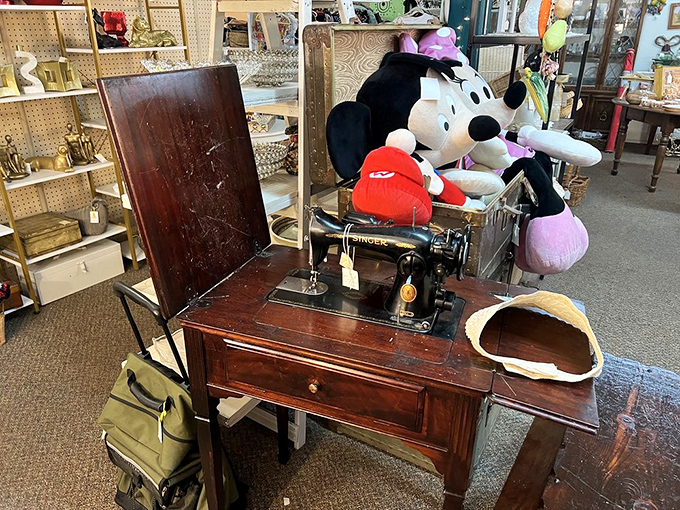 That Singer sewing machine has probably created more outfits than Project Runway, while Minnie Mouse supervises from her perch with fashionable approval.