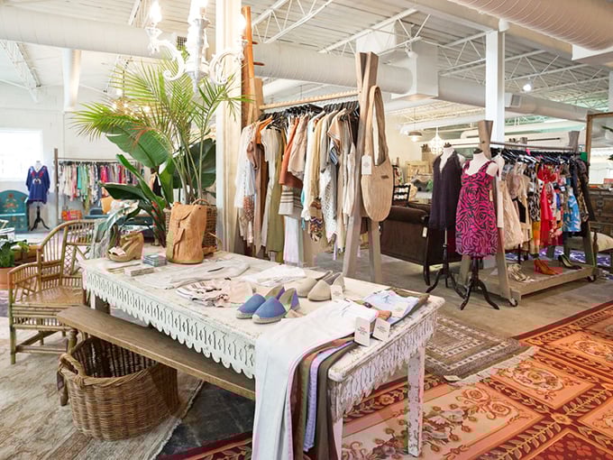 Airy and bright, the clothing section blends natural elements with curated fashion, creating an oasis of sustainable style.