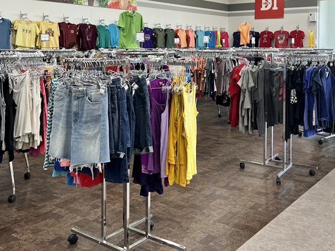 The clothing section: where yesterday's fashion finds tomorrow's enthusiast, all arranged in a rainbow more organized than my own closet.