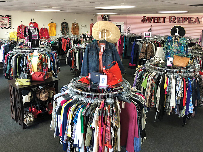 Fashion carousel in full swing! Circular racks create a kaleidoscope of colors and patterns where yesterday's trends become tomorrow's statement pieces.