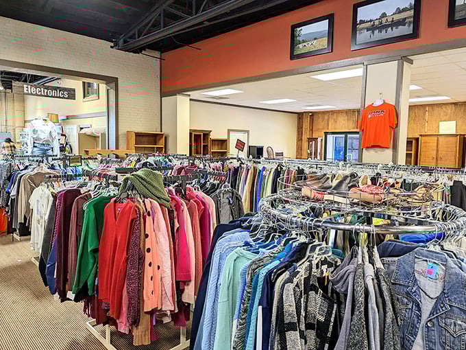 Rack after colorful rack of clothing possibilities&mdash;like a fashion time machine where vintage meets modern in a delightful dance of discovery.