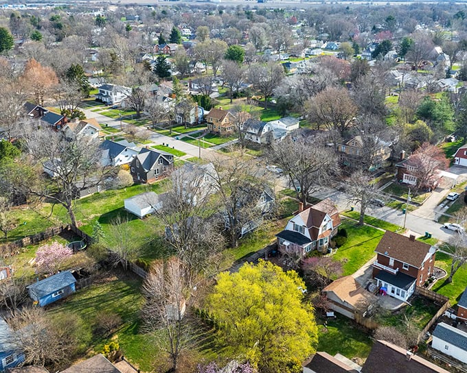 From above, Galesburg's neighborhoods reveal their quilt-like pattern of spacious yards and mature trees, where housing costs won't force you to live in something the size of a postage stamp.