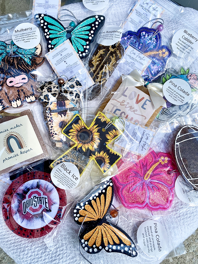 Whimsical car fresheners that double as art – from Buckeye pride to butterfly beauty. Small treasures with big personality.