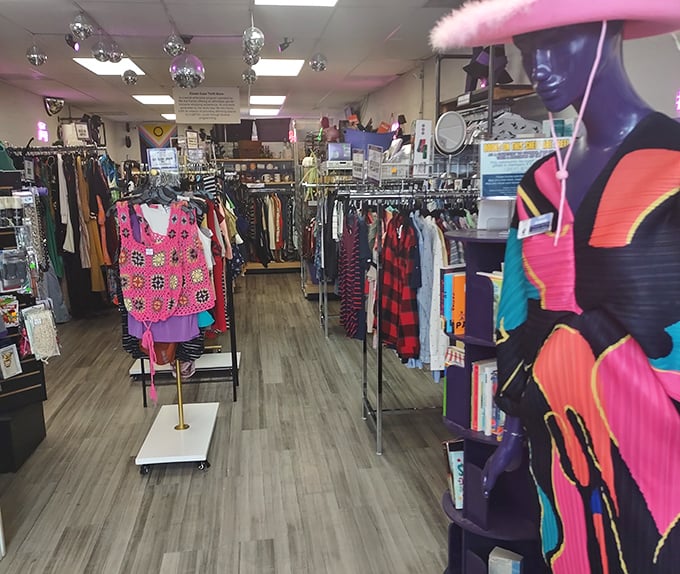 Disco balls overhead, racks of possibility below. The thrill of the hunt comes with its own soundtrack at this uniquely organized secondhand paradise.