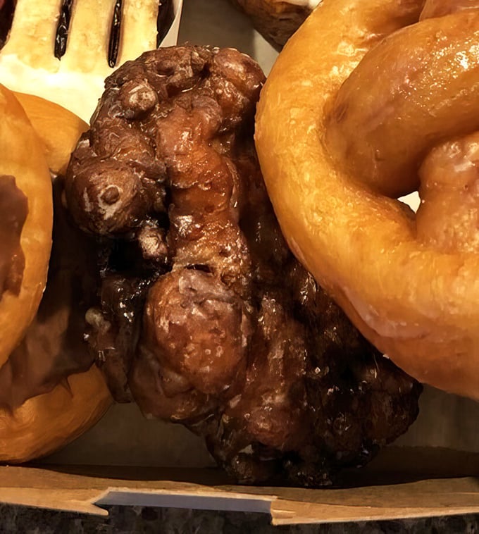 The holy trinity of fried dough: a classic glazed donut, a mysterious chocolate creation, and an apple fritter that could double as a delicious doorstop.