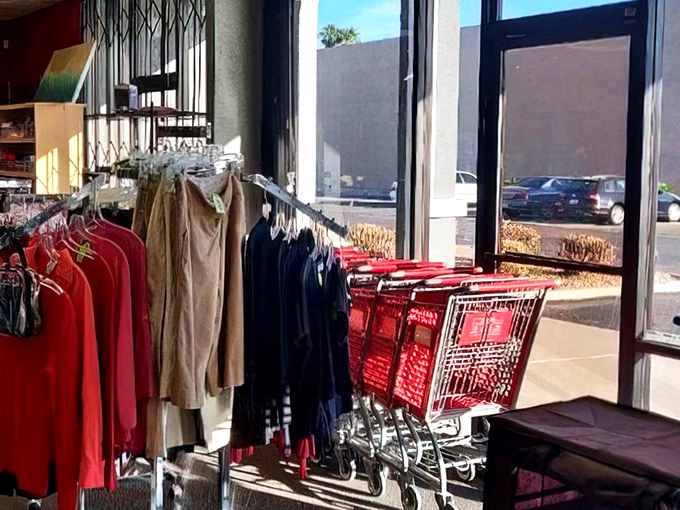The gateway to adventure&mdash;red shopping carts stand ready for your treasure-hunting expedition through aisles of pre-loved possibilities.